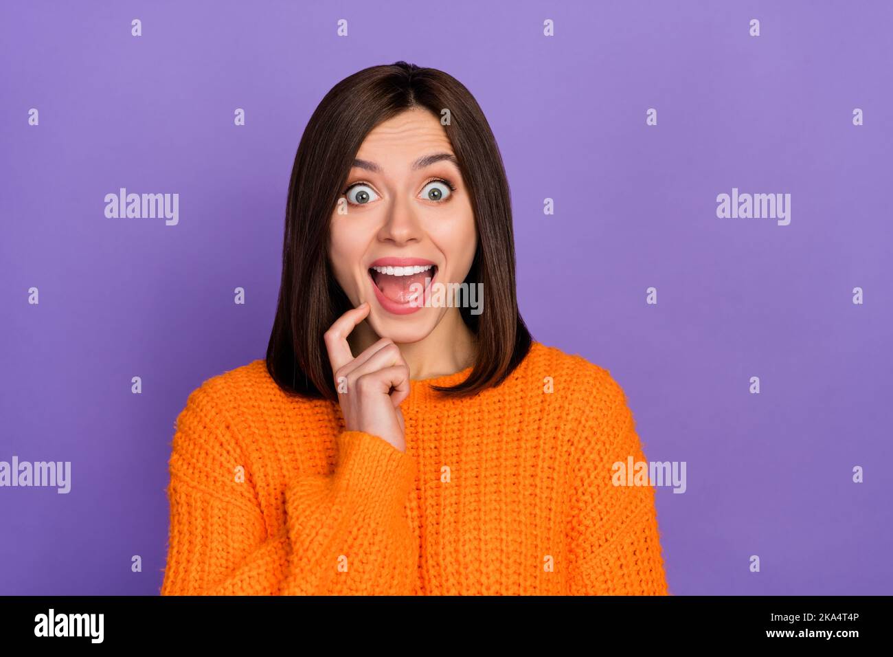 Photo portrait of cute young girl astonished reaction touch chin ...