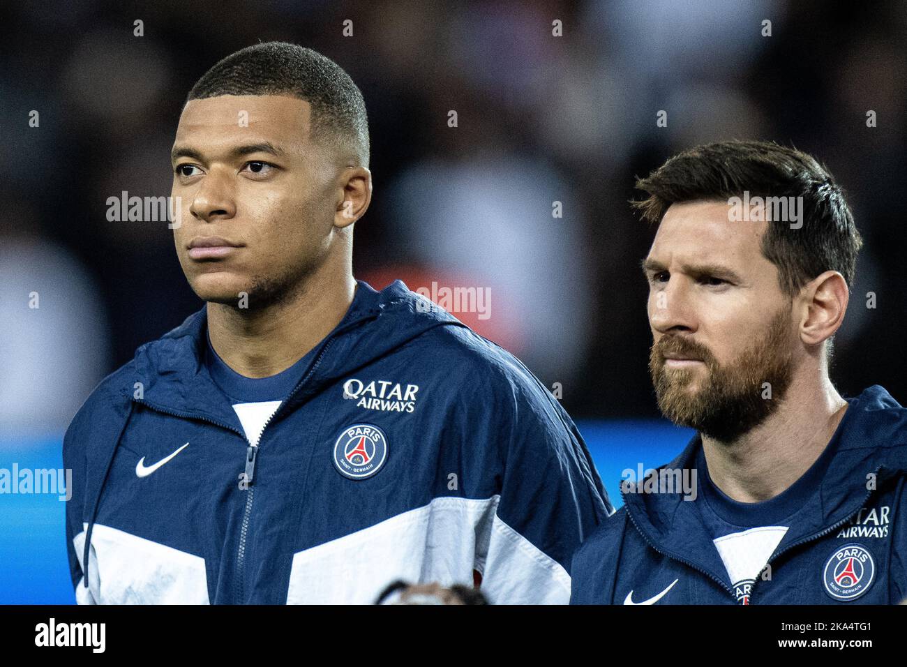PARIS, FRANCE - OCTOBER 25: Kylian Mbappe and Lionel Messi of Paris ...