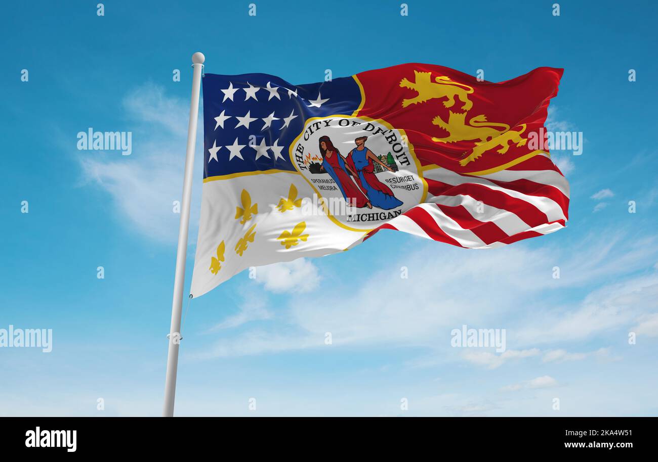 official flag of Detroit untied states of America at cloudy sky ...