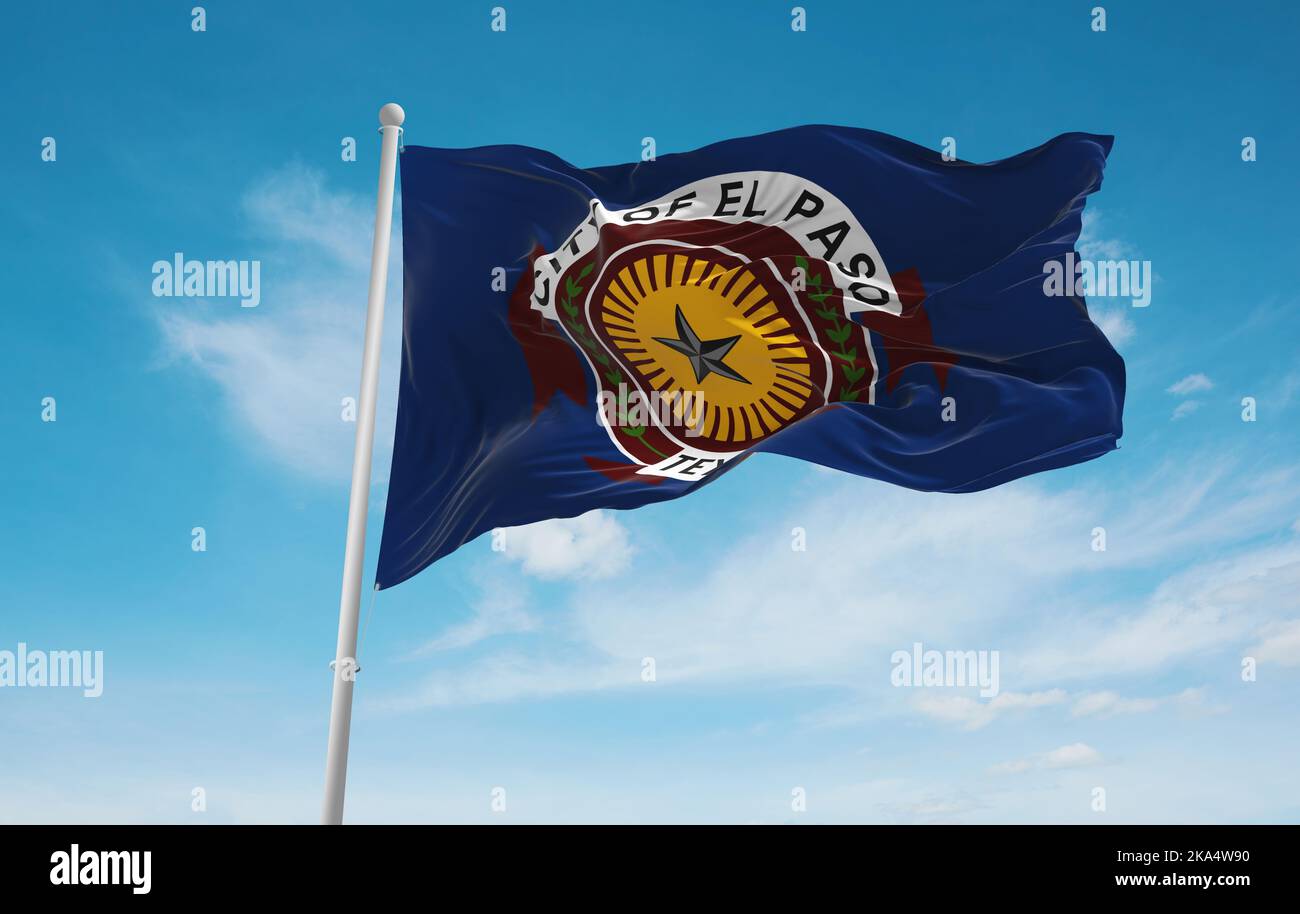 official flag of El Paso, Texas untied states of America at cloudy sky ...