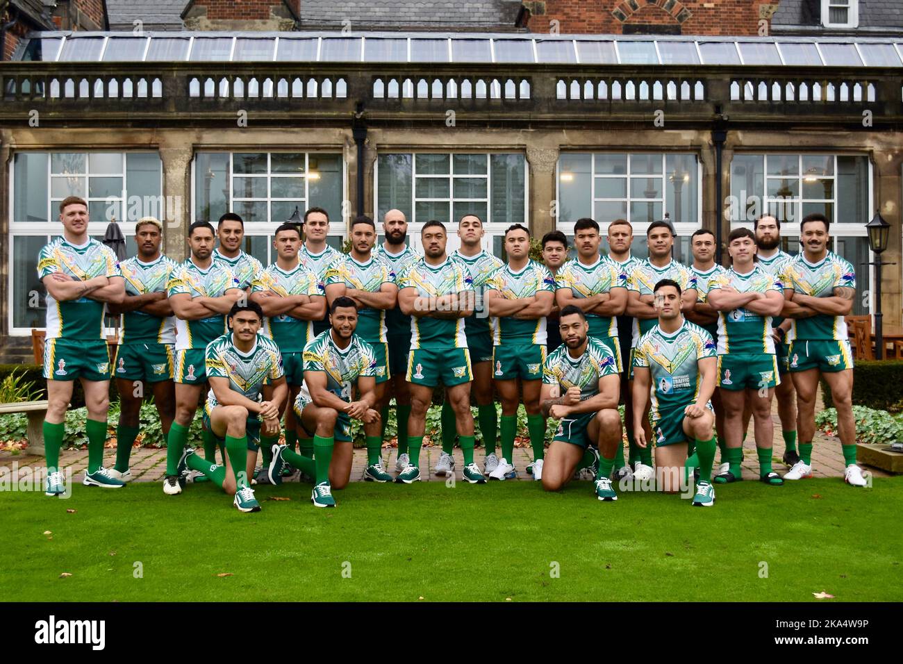 Cook Islands Rugby League World Cup 2021 squad. Pictured at their base camp at Rockliffe Hall ...