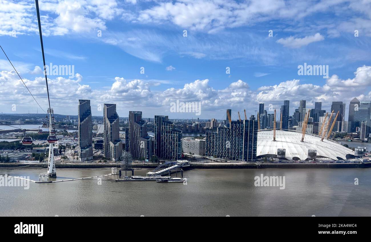 Aerial view of The O2 Millennium Dome, River Thames and Canary Wharf ...