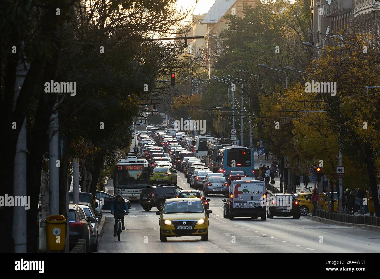 Bucharest, Romania - October 18, 2022: Cars in traffic at rush hour on Regina Elisabeta ...