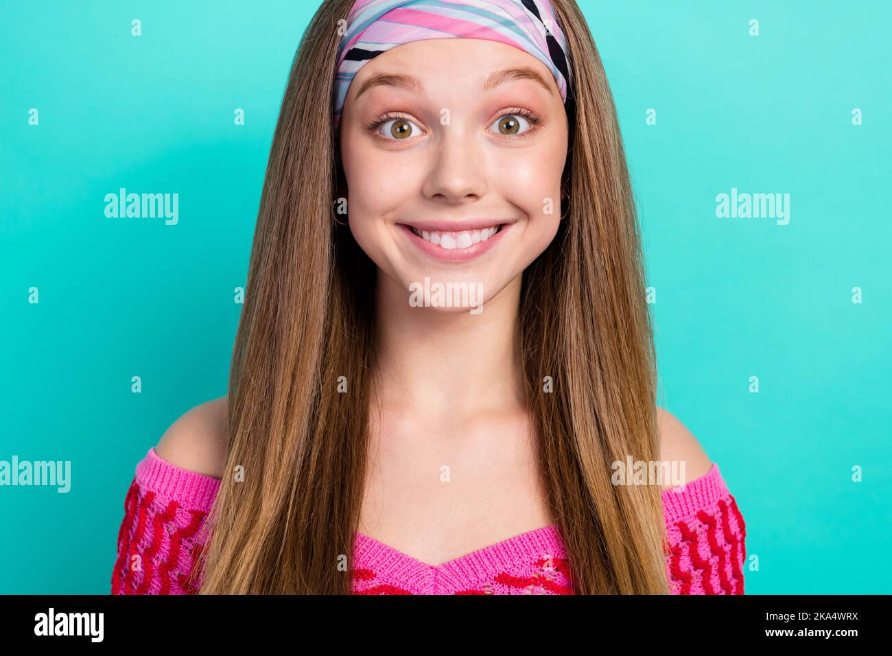 Photo of pretty adorable school girl dressed pink crop top smiling ...