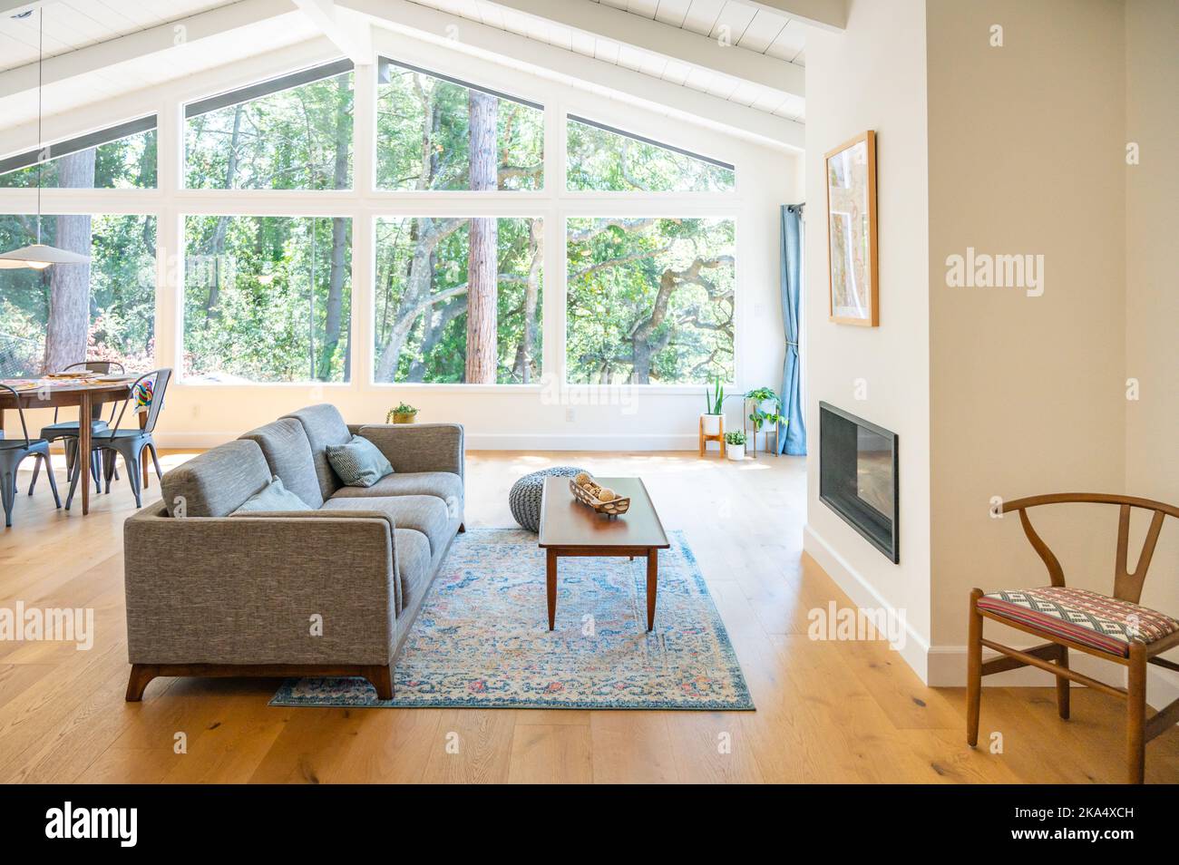Modern, clean living room with large windows and trees Stock Photo - Alamy