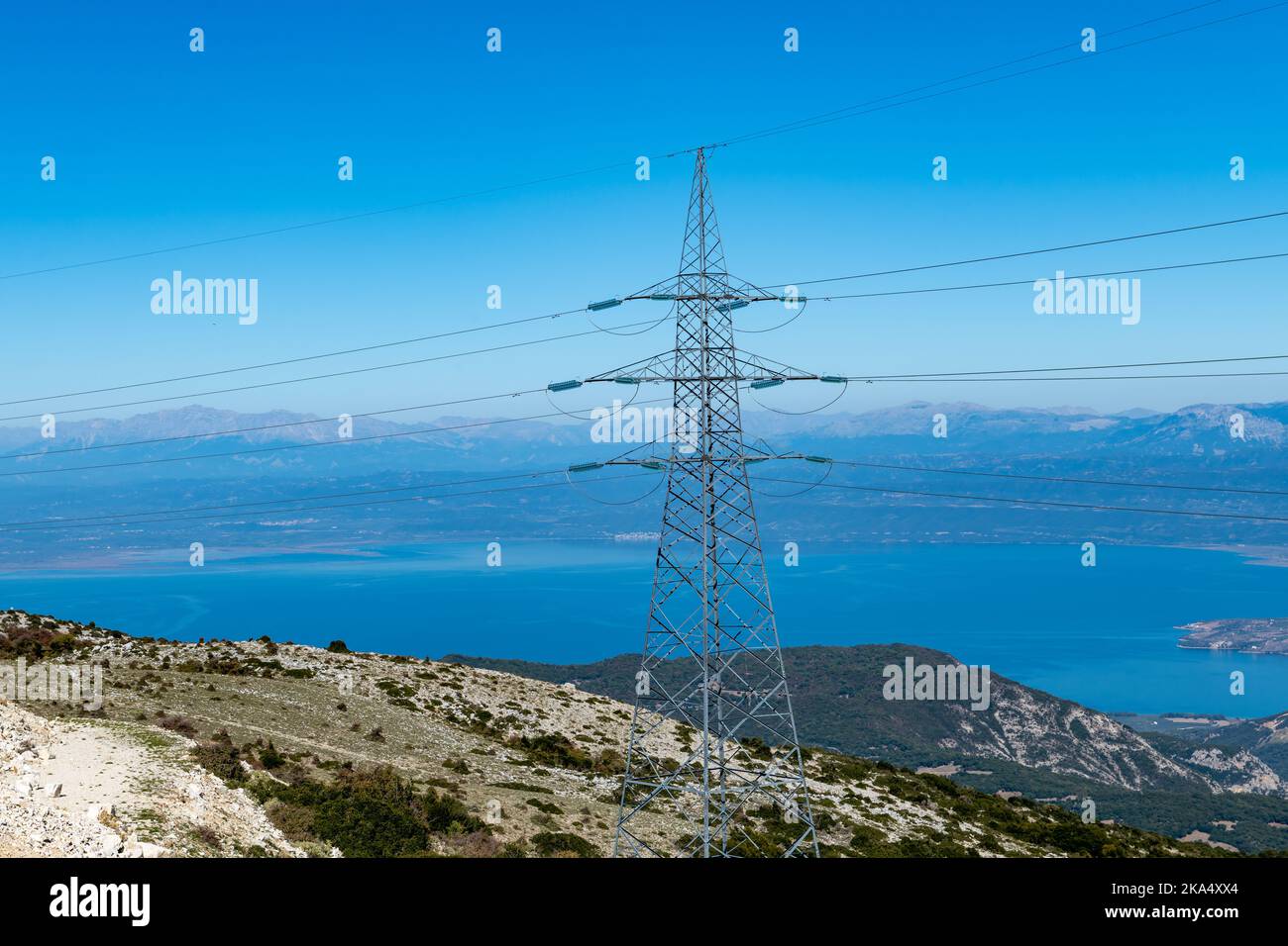 A electricity transmission tower or pylon on top of mountain Stock ...