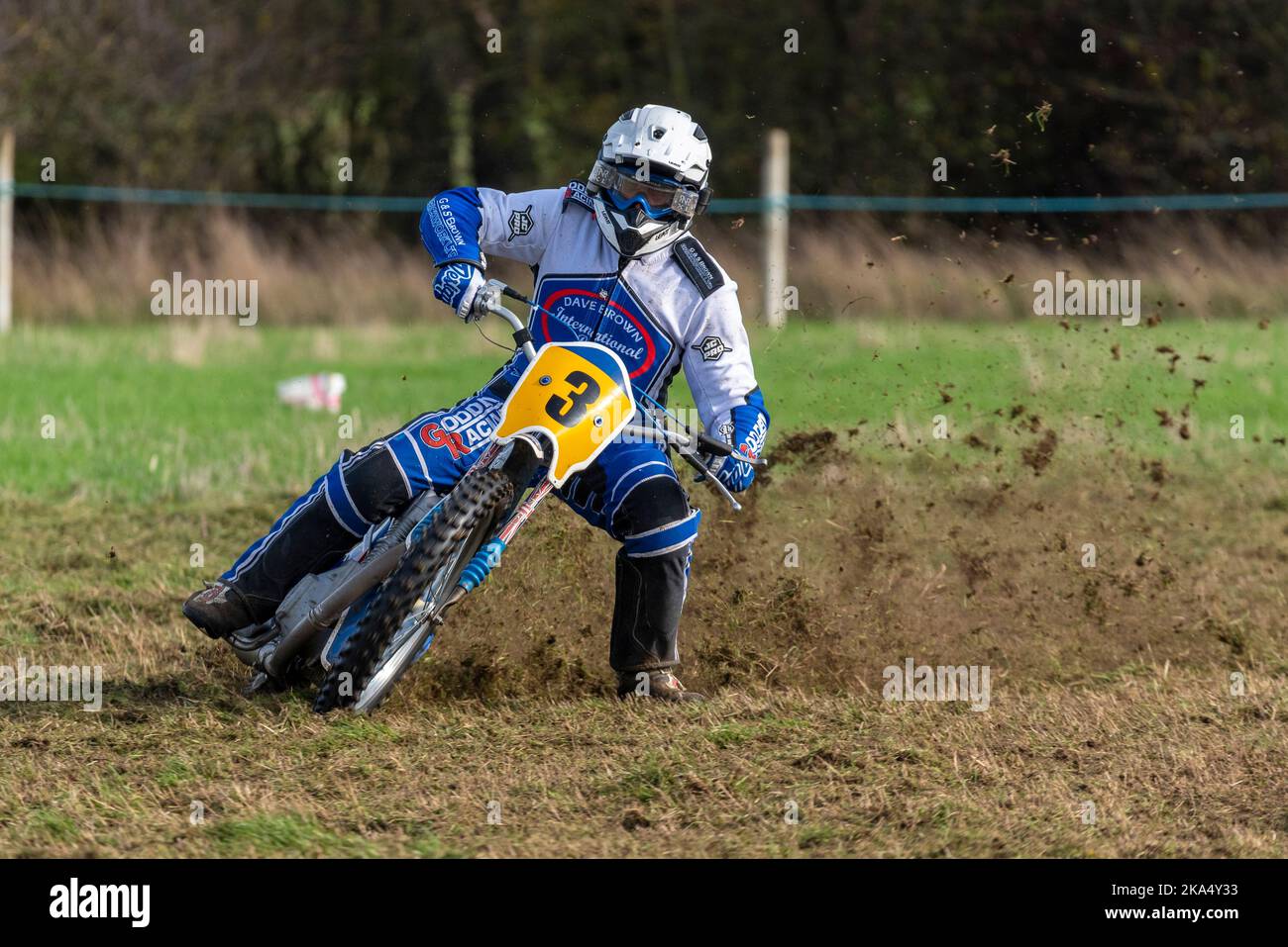 Graeme Brown racing in grasstrack motorcycle race. Donut Meeting event ...