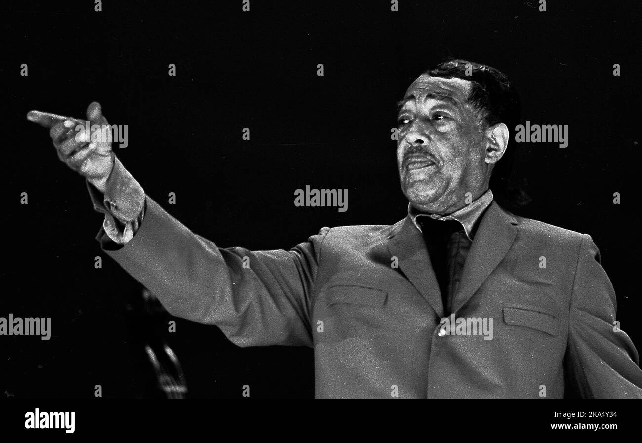 Duke Ellington, American pianist and jazz band leader, during a ...