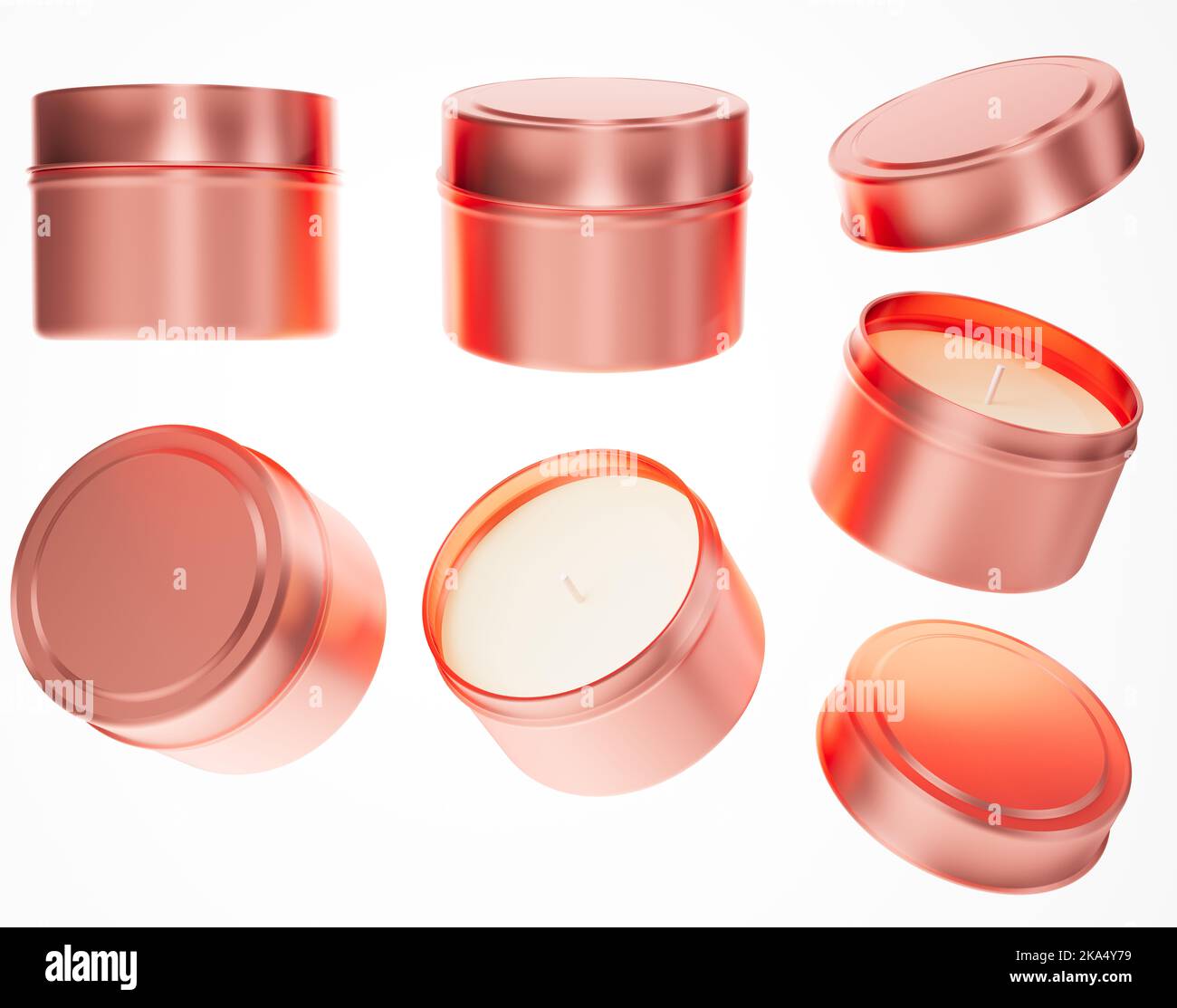 Travel candle in copper metal jar with lid 3D render mock-up, different views of candle box ...