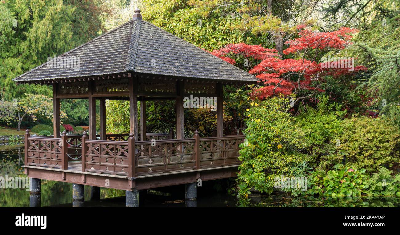 A viewing pavilion at a pond in the Japanese garden at Hatley Park ...