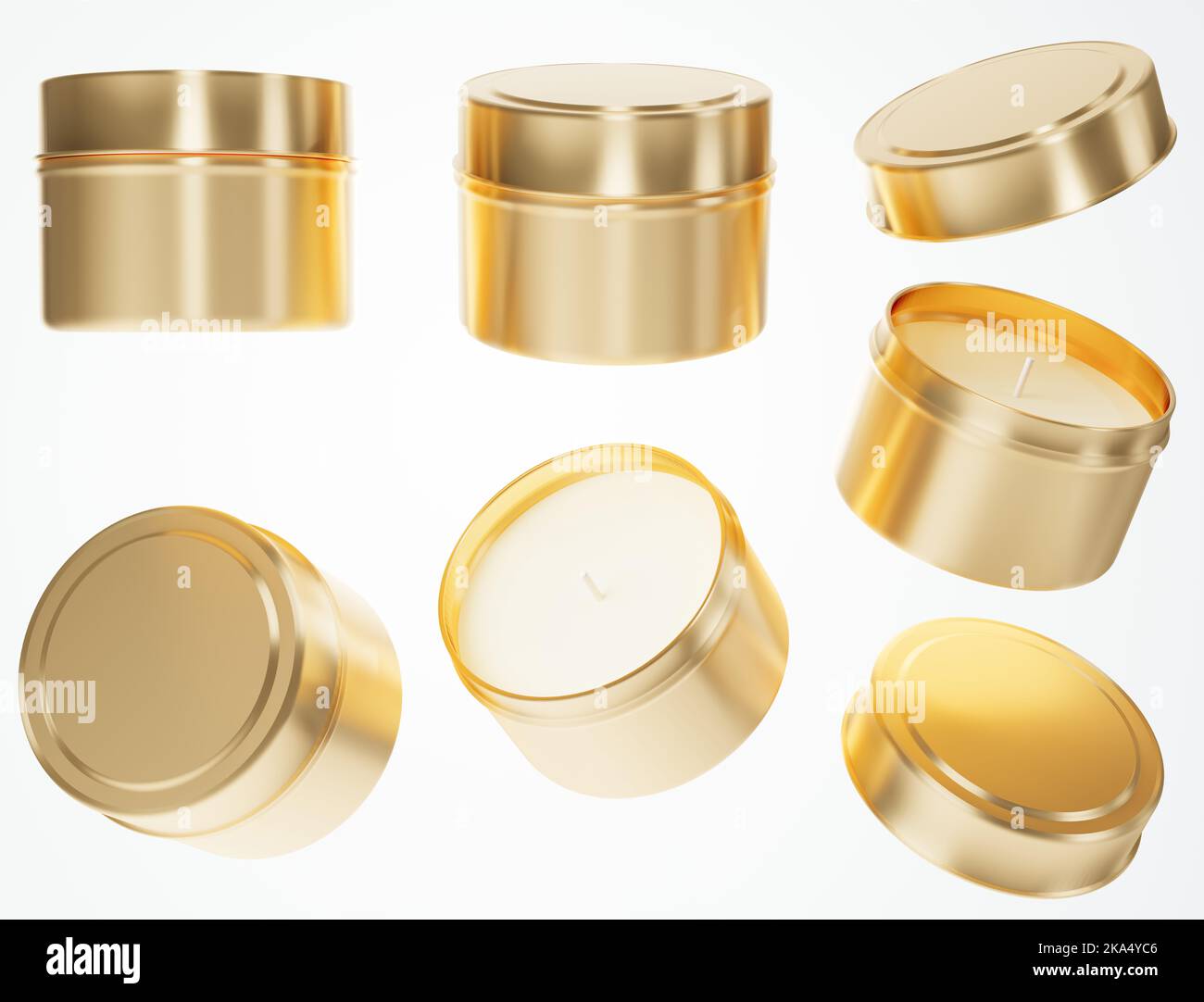 Travel candle in gold metal jar with lid 3D render mock-up, different views of candle box ...