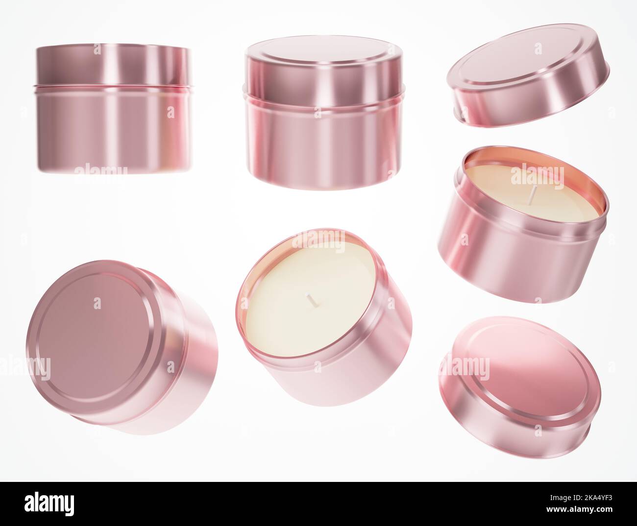 Travel candle in rose gold metal jar with lid 3D render mock-up, different views of candle box ...