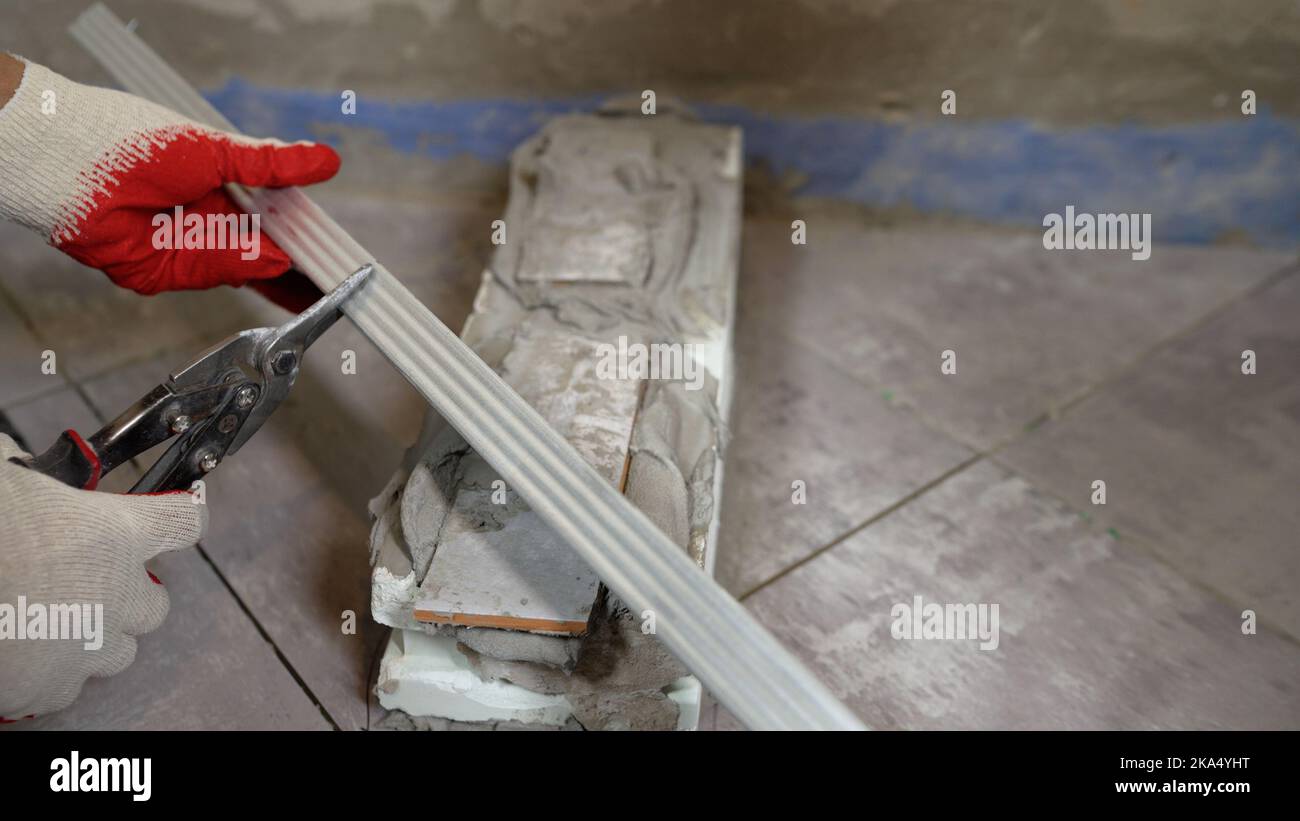 The master with the help of scissors for metal cuts strips of stainless ...