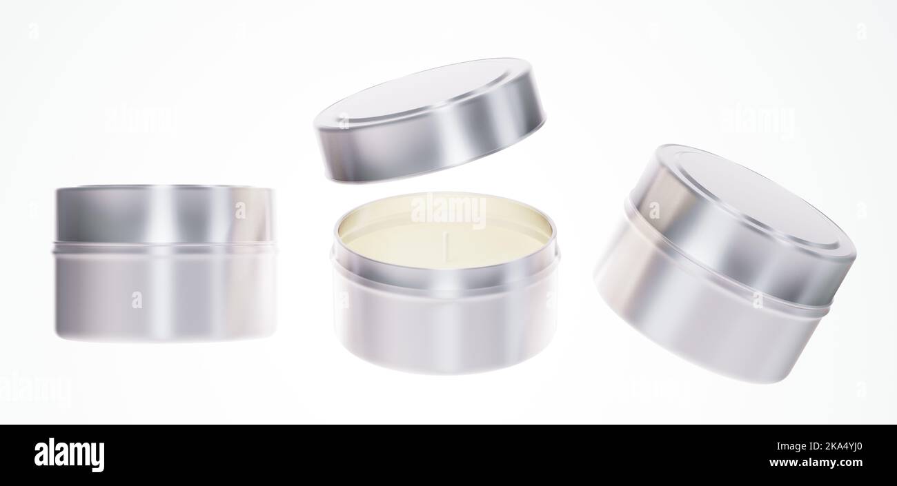 Travel candle in aluminium metal jar with lid 3D render mock-up ...