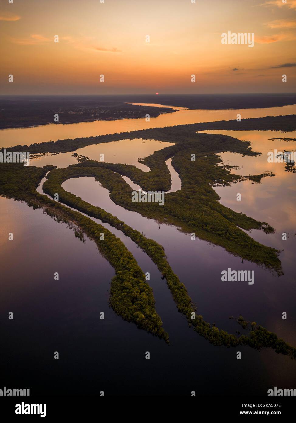 Beautiful aerial view to green rainforest and island river archipelago ...
