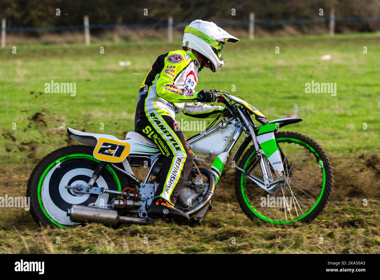Scott Ryan racing in grasstrack motorcycle race. Donut Meeting event ...