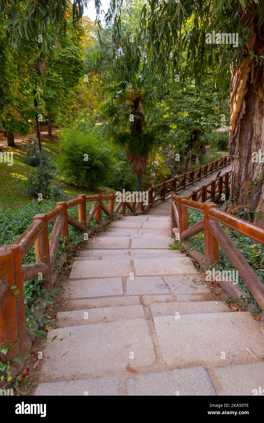 Stone Path with wooden handrail in a park in Europe during the b Stock ...