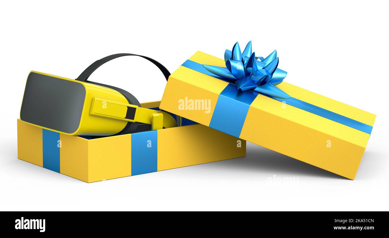 Gift boxes with VR Headset, ribbon and bow isolated on white background ...