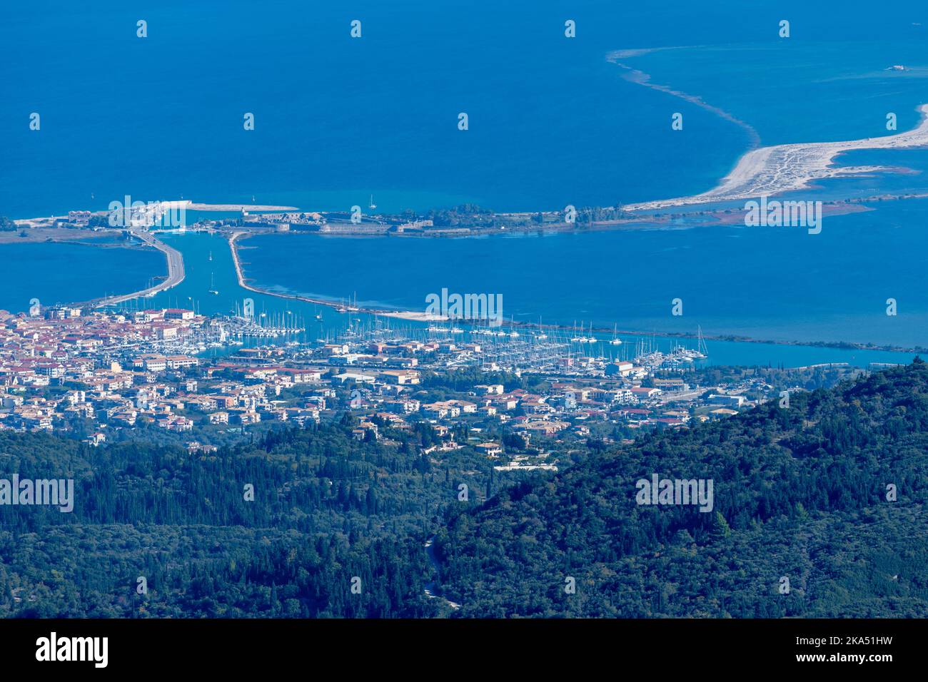 A mountain top view of Lefkada island, Greece, showing the capital and ...