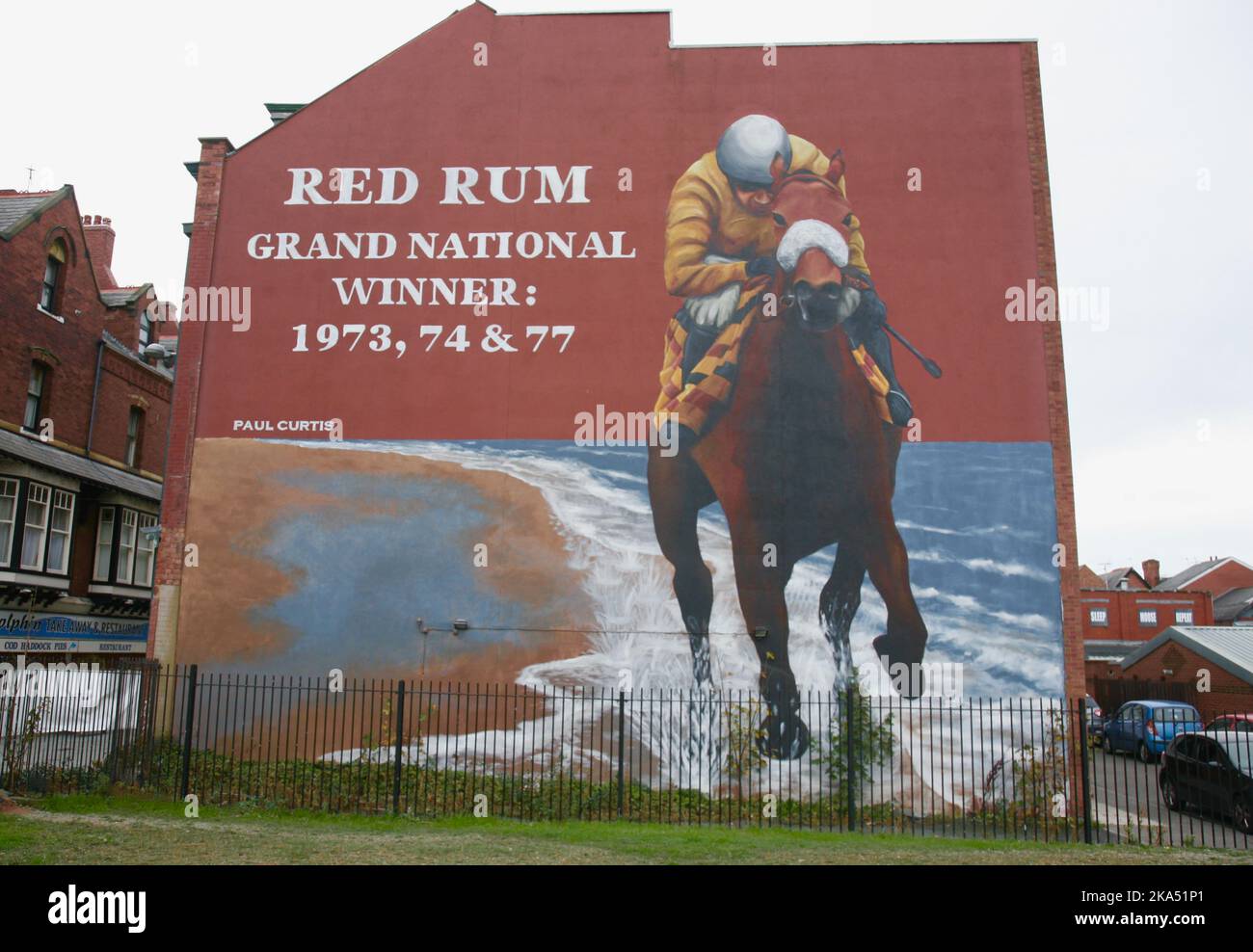 A view of the Red Rum mural in the centre of Southport, Merseyside ...