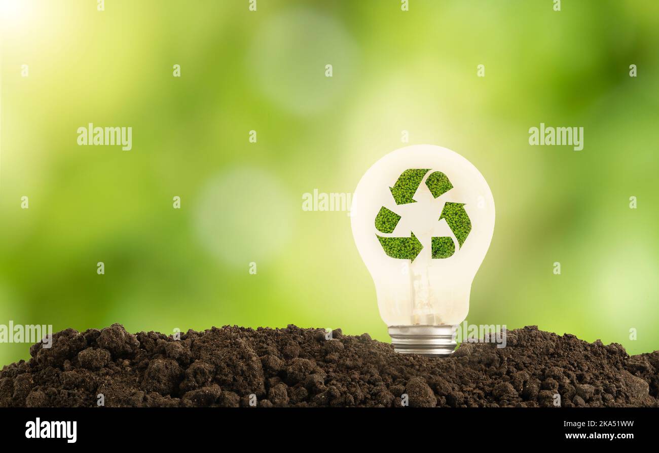 Close up photo of shining lightbulb with nature background as a symbol ...