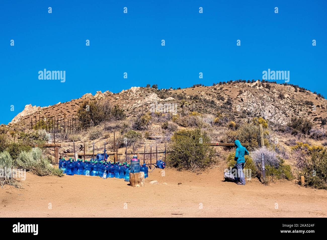 Water cache in the Mojave Desert on the Pacific Crest Trail, Ridgecrest ...
