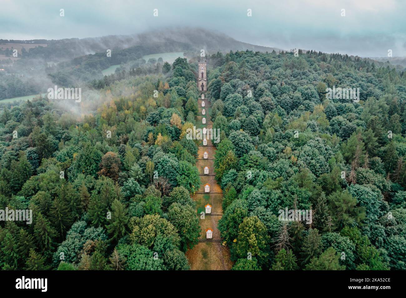 Aerial view of the Way of the Cross,calvary, with 11 chapels all with ...