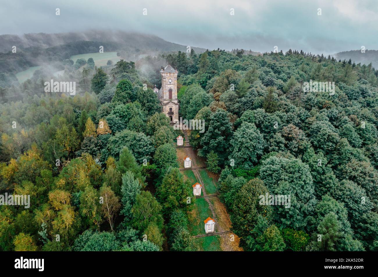 Aerial view of the Way of the Cross,calvary, with 11 chapels all with ...