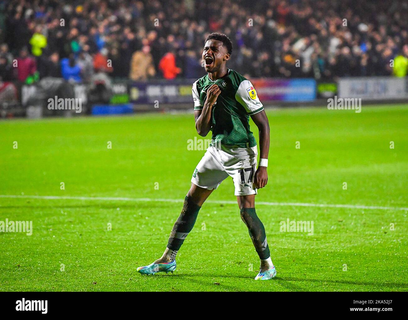 GOAL Plymouth Argyle full back Bali Mumba (17) celebrates a goal to ...