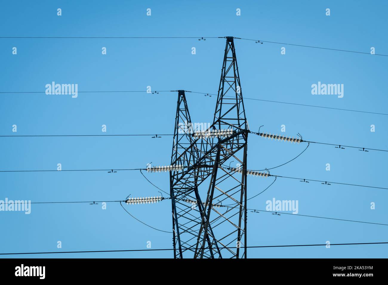 Close up of a electricity transmission tower or pylon Stock Photo - Alamy
