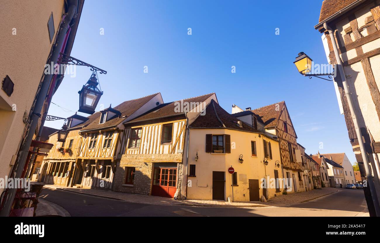 Medieval half-timbered houses on streets in French town of Provins ...