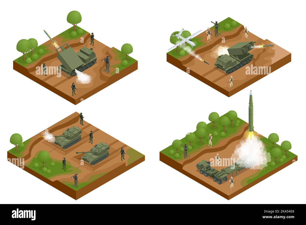 Military war set Isometric rocket salvo fire system on a wheeled ...
