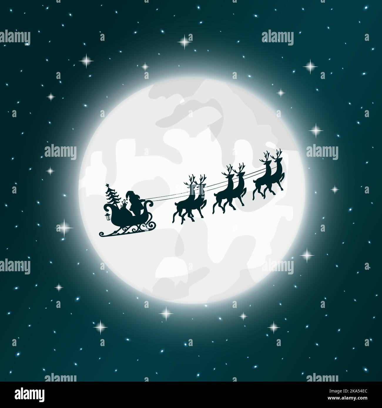 Santa Claus and gifts in sleigh with reindeer pulling the sleigh on the moon background. Vector ...