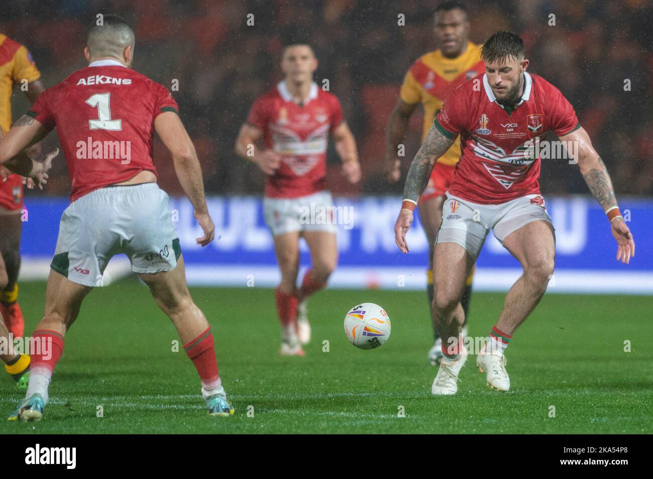 Wales Winger Kyle Evans fumbles the ball during the 2021 Rugby League ...