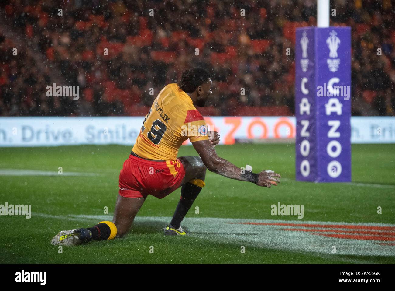 Papua New Guinea Winger Jimmy Ngutlik celebrates scoring a try during ...
