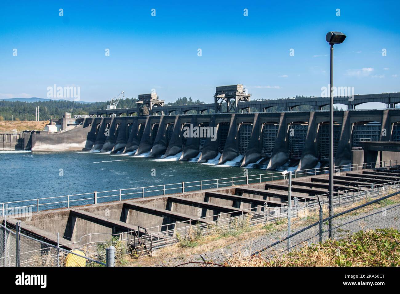 View of Bonneville Dam that crosses the Columbia River between Washington and Oregon. Built by ...
