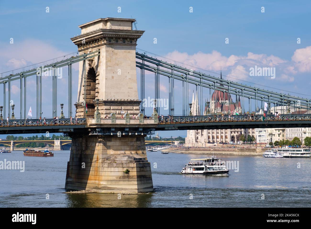 One of the two vaulted stone pillars of the Széchenyi Chain Bridge with ...