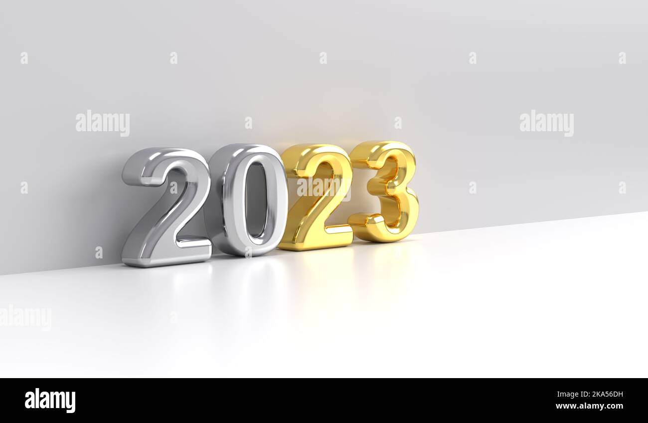 Silver and Gold Metallic 2023 text numbers 3d rendered on a white floor ...