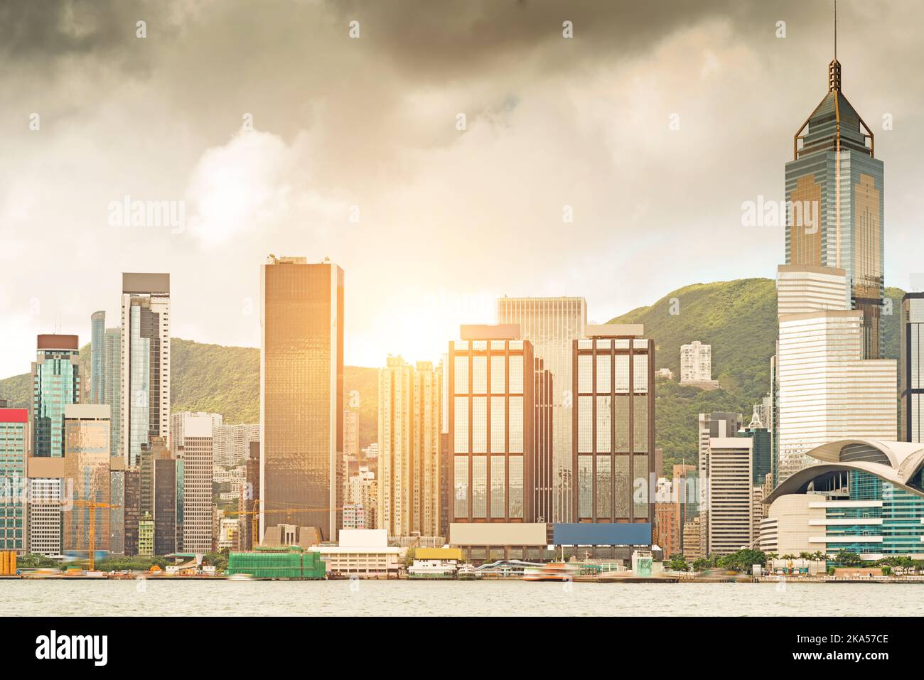 Hong Kong's Victoria Harbour fog sunrise, modern Asian city Stock Photo ...