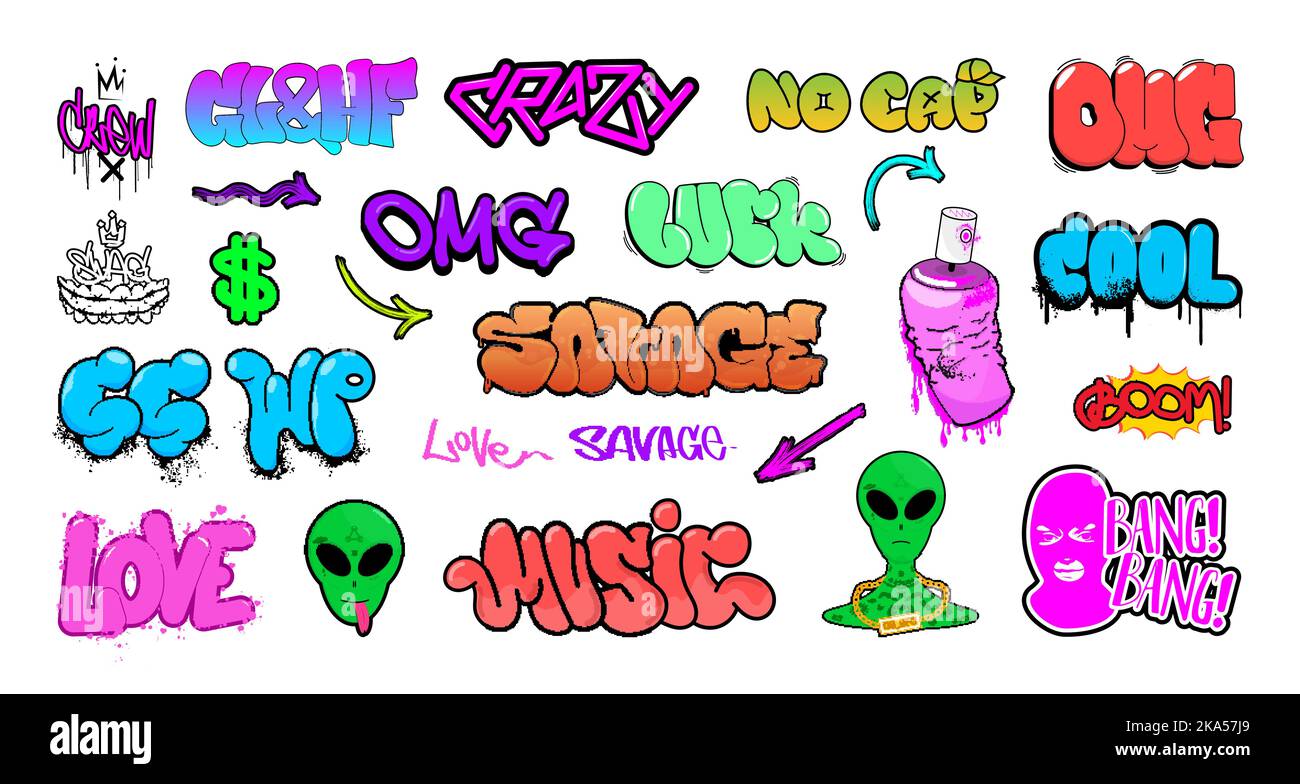 Isolated graffiti and tags set in different styles. Graphic collection ...