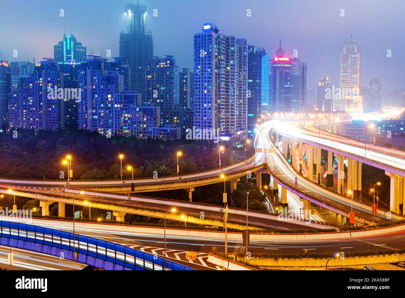 shanghai interchange overpass and elevated road in nightfall Stock ...