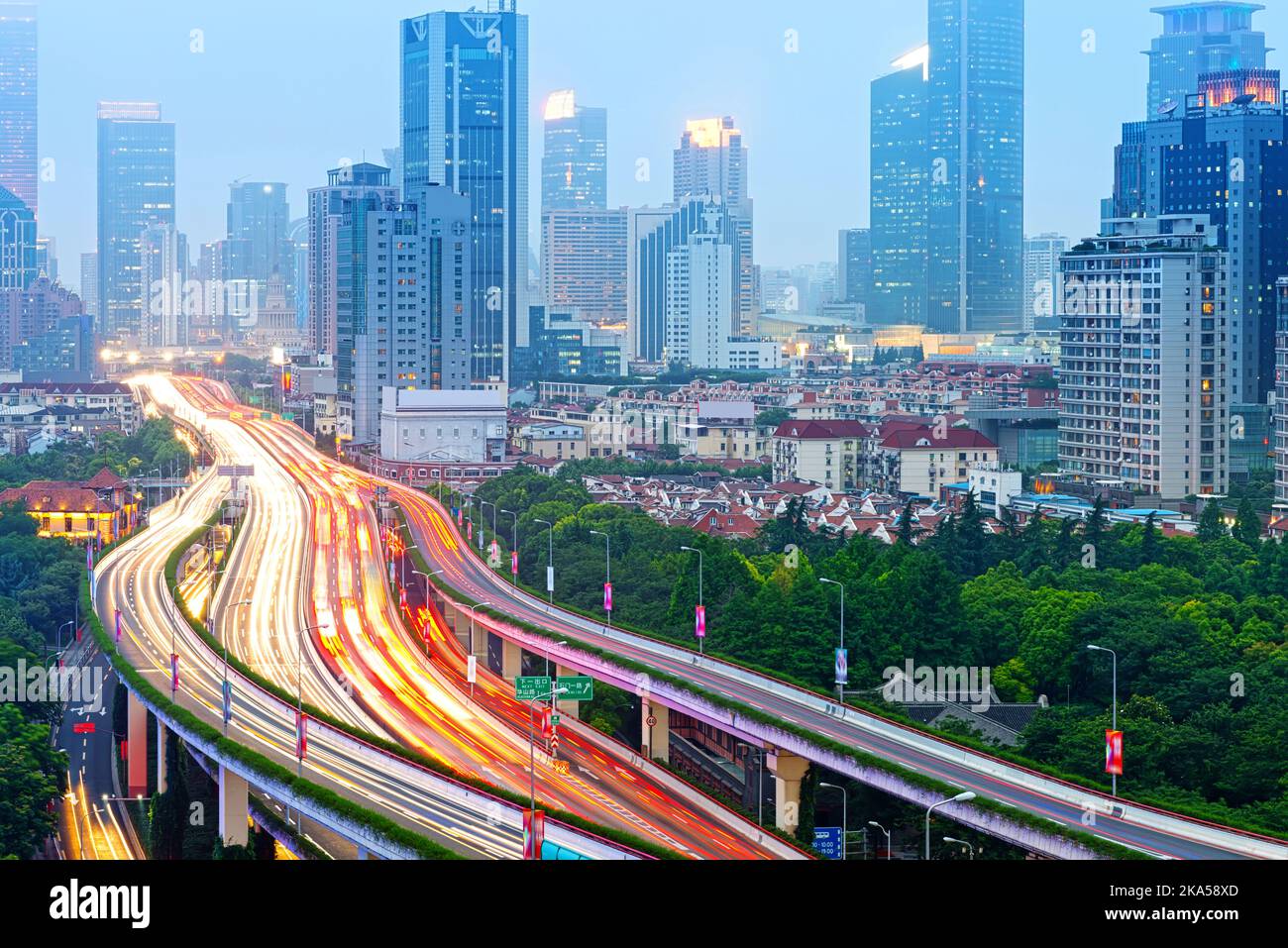 shanghai interchange overpass and elevated road in nightfall Stock ...