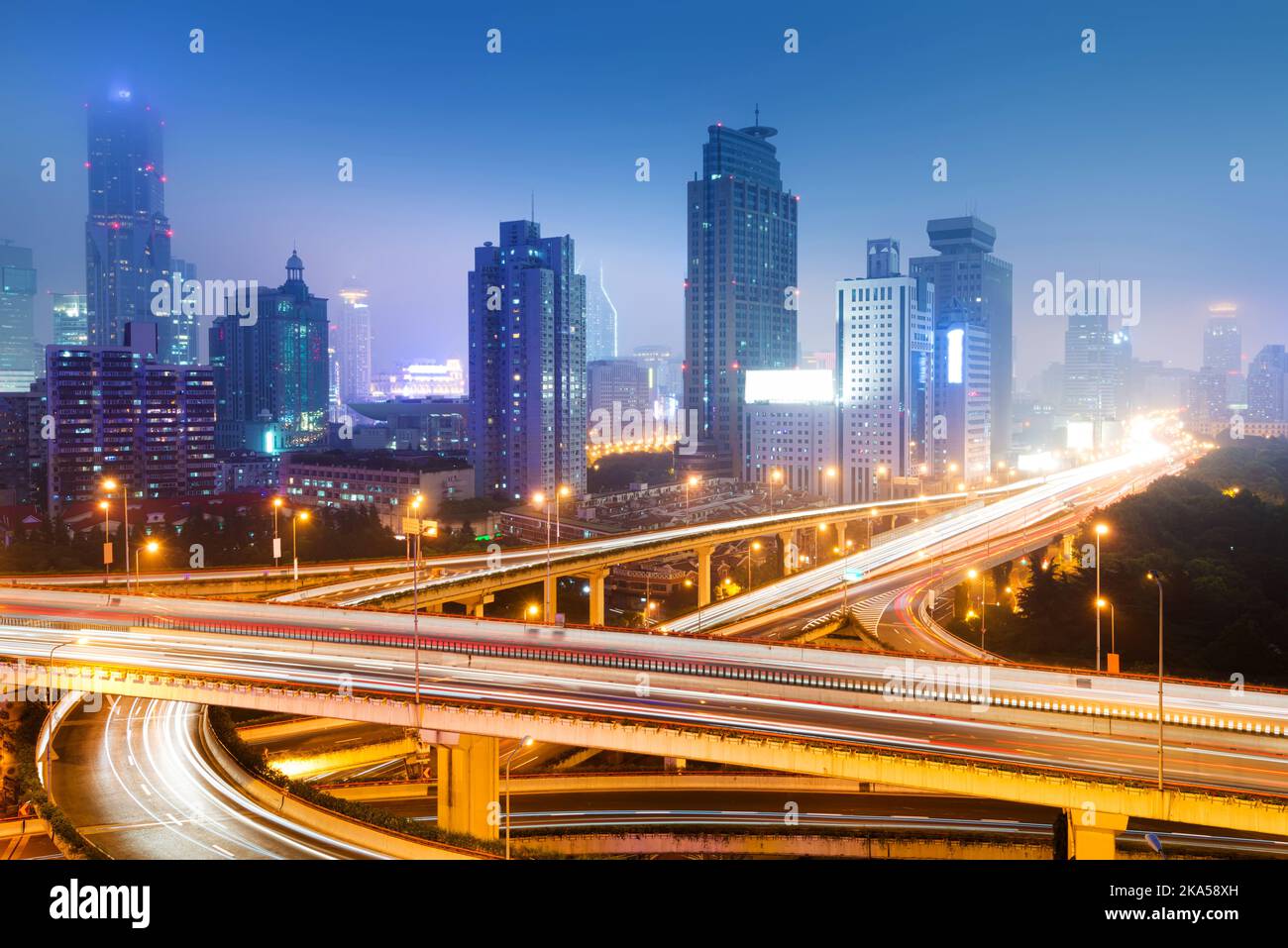 shanghai interchange overpass and elevated road in nightfall Stock ...