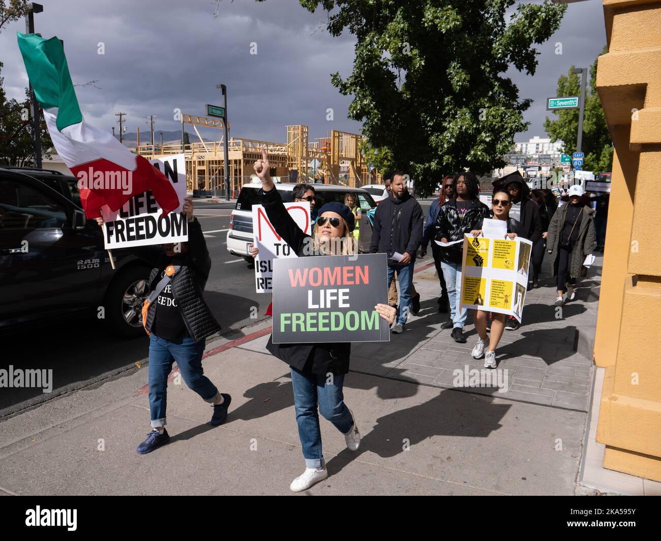 A protester raises her fist while carrying a placard pushing for ...
