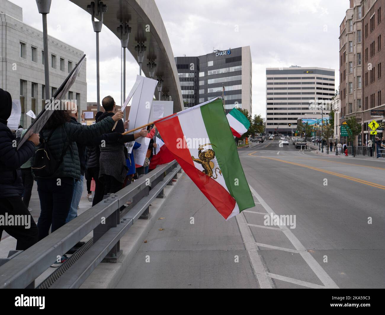 Reno, Nevada, USA. 22nd Oct, 2022. Protesters wave Iranian flags during ...