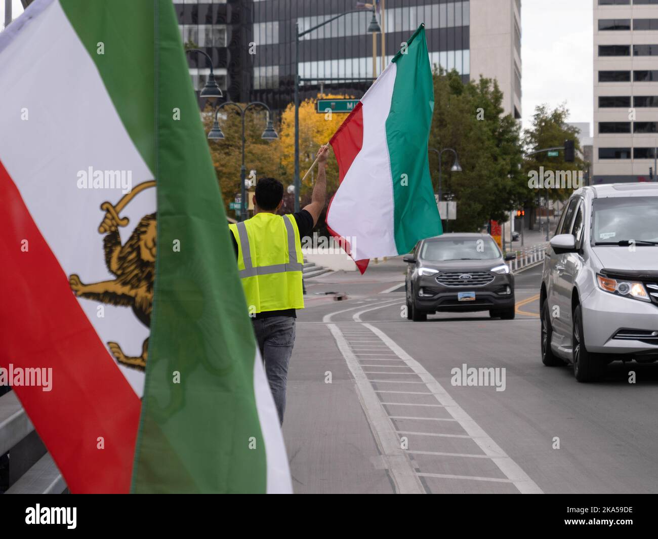 Reno, Nevada, USA. 22nd Oct, 2022. Protesters wave Iranian flags during ...
