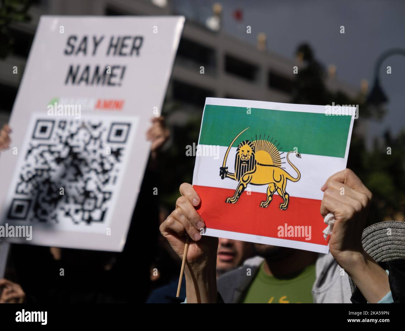 Reno, Nevada, USA. 22nd Oct, 2022. Protesters hold placards during a ...