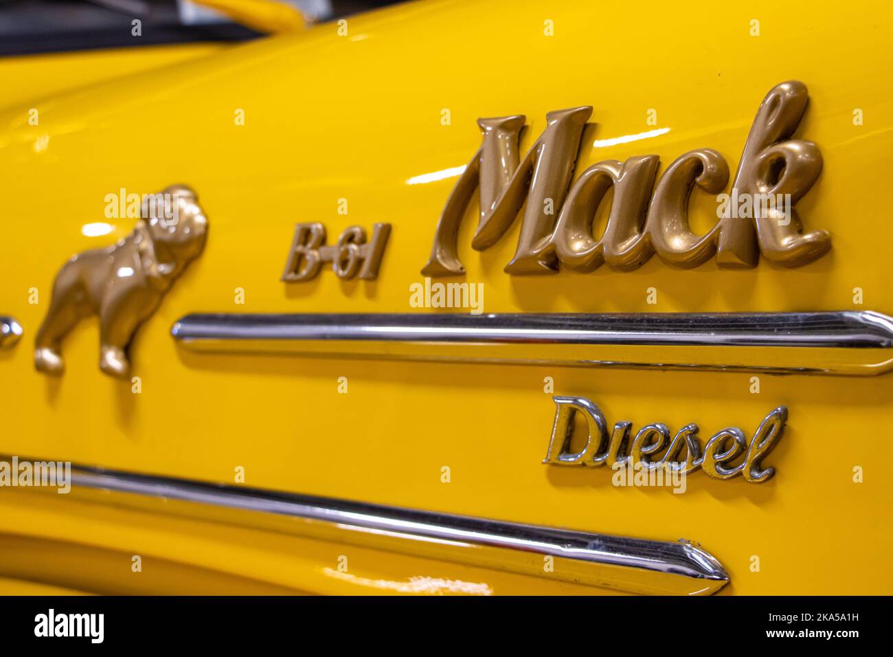 PRAGUE, CZECHIA, AUG 10 2022, The Mack brand logo on the engine hood of ...