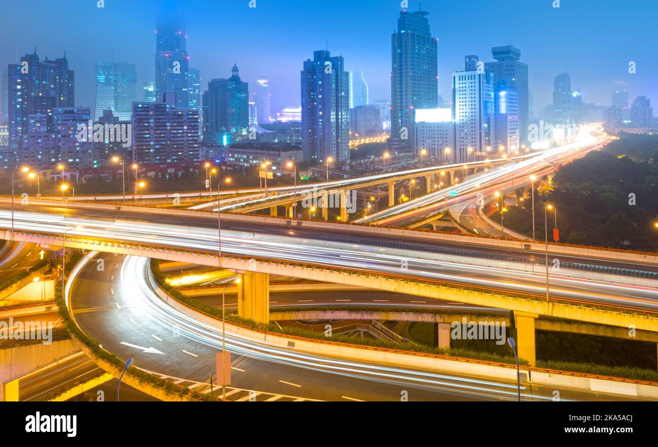 shanghai interchange overpass and elevated road in nightfall Stock ...