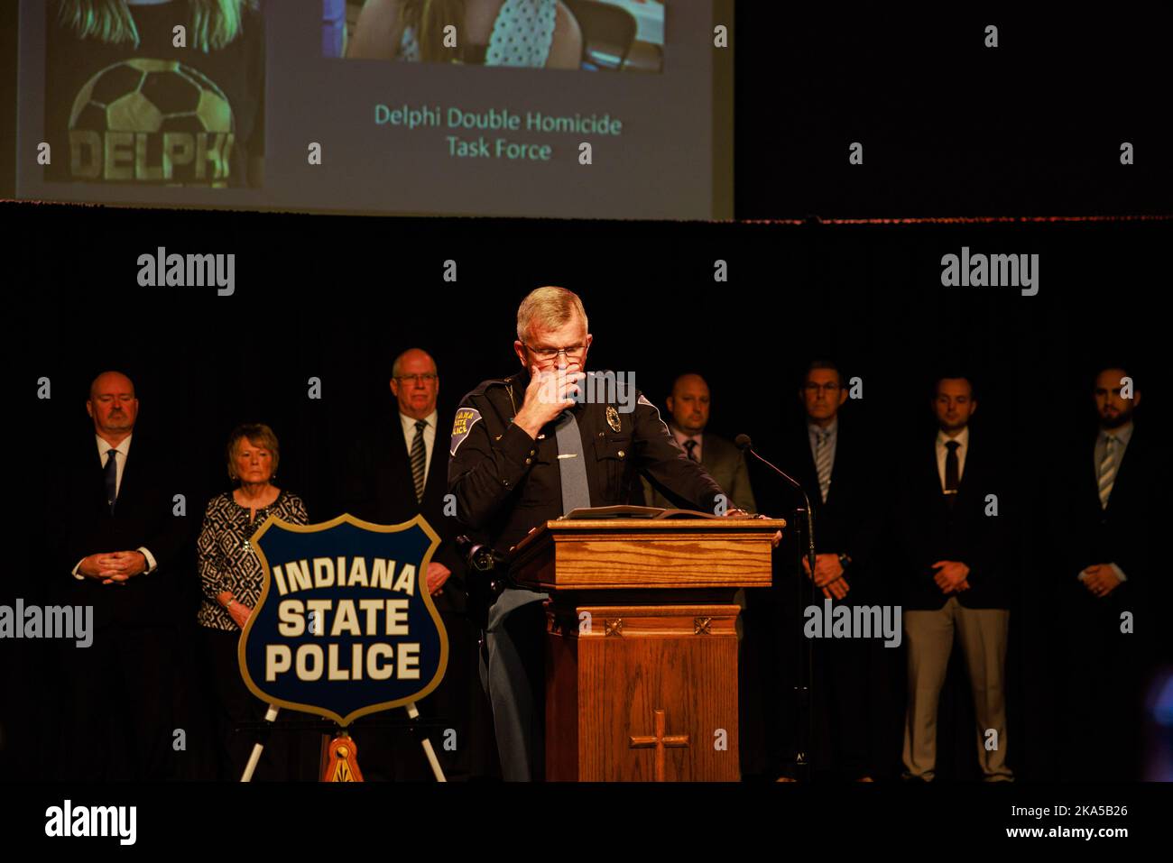 Indiana State Police Superintendent Doug Carter speaks during a press ...